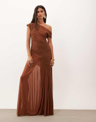 Asos Maxikleid aus Mesh mit Stickerei, Carmen-Ausschnitt und transparenten Godet-Details in Braun