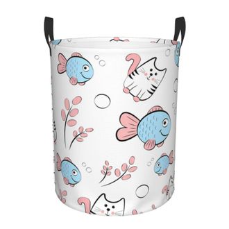 Generic Lustige Katzen Und Fische Korb Aufbewahrung Rund Aufbewahrungskorb Mit Henkel W&auml;schetonne F&uuml;r W&auml;schekammer Waschk&uuml;che Badezimmer