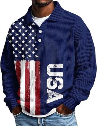 Generic Sweat-shirt gaufr&eacute; pour homme - Haut &agrave; manches longues et demi-boutons avec imprim&eacute; drapeau am&eacute;ricain - Pull d&eacute;contract&eacute; &agrave; col &agrave; revers - Chemise ampl