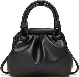 Generic Sac &agrave; main &agrave; bandouli&egrave;re fronc&eacute; en cuir souple avec poign&eacute;e sur le dessus pour femme, Noir, Medium