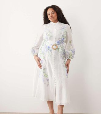 Forever New Lang&auml;rmliges Midi-Hemdkleid in Wei&szlig; mit Knopfleiste und Blumenmuster