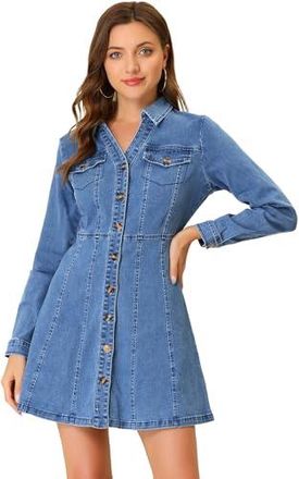 Allegra K Femmes Robe Chemise Denim Col Boutonné Manches Rétroussées Bleu Clair XL