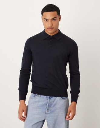 Mango Lang&auml;rmliges Polohemd aus Wollstrick in Marineblau mit Knopfleiste