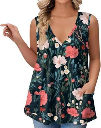 Generic Debardeur Femme Chic et &eacute;l&eacute;gant Chemisier sans Manche Imprim&eacute; D&eacute;bardeur Col V Top Ete Haut Chic et Elegant Fluide Ample Caraco Vetement Femme Ete Tee 