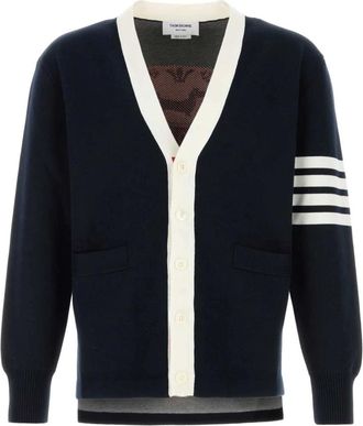 Thom Browne Homme, Pulls, Bleu, Taille: L Crest Intarsia Jacquard 4-Bar Rugby Fit Cardigan