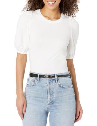 Amazon Essentials Damen Regular-Fit Kurzarm-T-Shirt Rundhalsausschnitt Baumwolle, Grellweiß, L