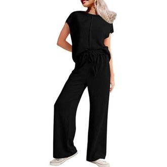 Generic Ensemble de v&ecirc;tements de d&eacute;tente pour femme - Pantalon d&eacute;t&eacute; fin en coton et lin respirant et confortable &agrave; manches courtes - Ensemble de gym pour femm