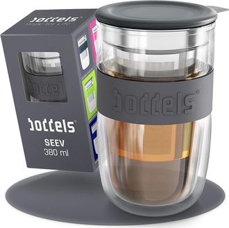 Boddels Glasbecher 380ml - Teebecher, Doppelwandig, Teetasse mit Edelstahl-Sieb, Keramik-Deckel, sp&uuml;lmaschinengeeignet, Thermo-Glas mit Schwebe-Effekt, Teegla