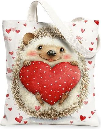 Generic Sac fourre-tout en toile motif h&eacute;risson, adorable motif coeur, sac d&eacute;picerie r&eacute;utilisable, l&eacute;ger et lavable avec bandouli&egrave;re, blanc, 13x15 Inch