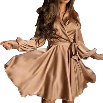 Generic Neues Party-Abendkleid f&uuml;r Damen, modisches Fr&uuml;hlings-Sommer-Satin-Seidenkleid, Elegante Lange Laternen&auml;rmel, l&auml;ssige Party-Kleider in A-Linie-Khaki-M