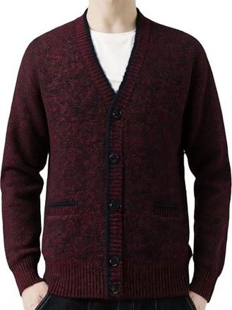 Generic Cardigan chaud et &eacute;pais pour homme - Col en V - Doublure en laine m&eacute;lang&eacute;e - Poches boutonn&eacute;es, Rouge, 3XL