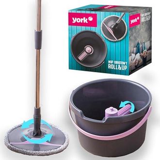 York Wischmopp Set Mit Eimer Bodenwischer Mit Auswringfunktion Mikrofaser Moppkopf Wischsystem Teleskopstiel Roll&Up Grau Rosa