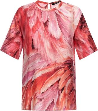 Roberto Cavalli Seiden Plumange Print T-Shirt - - Tops - Damen - Rosa - S