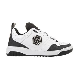Philipp Plein Wei&szlig;e Leder-Sneakers mit Hexagon-Patch - - Shoes - Herren - Mehrfarbig - 44 EU