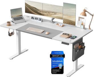 Songmics H&ouml;henverstellbarer Schreibtisch elektrisch, 160 x 70 cm, stufenlos verstellbar, Memory-Funktion mit 4 H&ouml;hen, wolkenwei&szlig;-Taubengrau LSD026W02