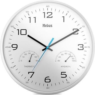 Mebus moderne Quarz-Wanduhr mit Temperaturanzeige und Luftfeuchtigkeit, 30 cm Durchmesser groß, Wohnzimmer, Küchenuhr, Rund / Modell: 16181 / Farbe: Weiß