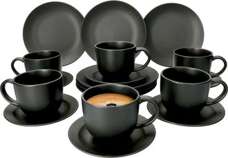 MamboCat 18-teiliges Kaffee-Service Lampart Nero I modernes Steingut-Geschirr-Set für 6 Personen - im modernen Ethno-Stil I Tassen Unterteller Kuchenteller I K