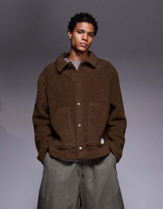 Asos Locker geschnittene Harrington-Jacke aus Teddyfell in Dunkelgr&uuml;n