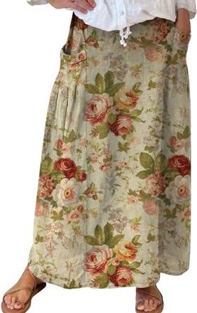 Generic Jupe r&eacute;tro en lin &agrave; taille &eacute;lastique avec poche pour femme, kaki, XXL