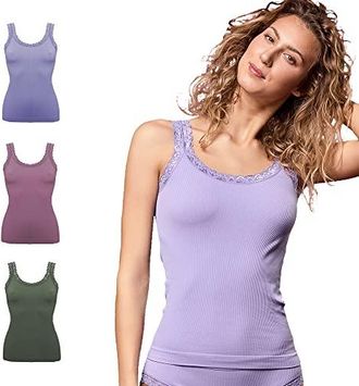 Luigi di Focenza Débardeur pour femme en microfibre avec détails en dentelle, sans couture, multipack de 3 pièces en différentes couleurs, fabriqué en Italie, Olive-ma