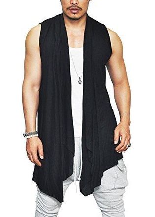 Coofandy Coofandy Mens Ruffle Shawl Collar Sleeveless Long Cardigan Vest,Black,Medium
