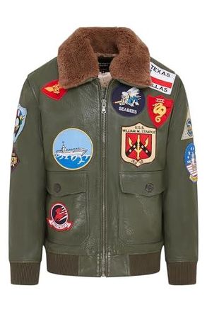 Infinity Leather Hommes Verte Air Force A2 Bomber en cuir Flight avec col et patchs en peau de mouton