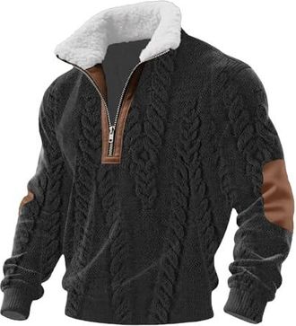 Generic Pull &agrave; col roul&eacute; pour homme - Demi-fermeture &eacute;clair - Sans capuche - Manches longues - Col montant - T-shirt dext&eacute;rieur - Coudes - Patchs en polaire -