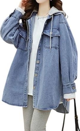 Generic Veste en jean &agrave; manches longues avec capuche pour femme - Grande taille - Style western d&eacute;contract&eacute;, bleu, XL