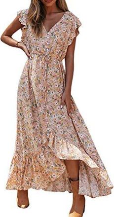 Onsoyours Femme Robe Longue Été Bohème Fleurie Robe De Plage Grande Taille Col en V Sexy Robes Bretelles sans Manches Imprimé Vacances Printemps Abricot 34