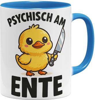 OM3 Psychisch am Ente Kaffee-Tasse mit Spruch - Spruchtasse Fun Motiv - Schwarzem Humor - Keramik Becher - 325ml - Beidseitig Bedruckt - Hellblau