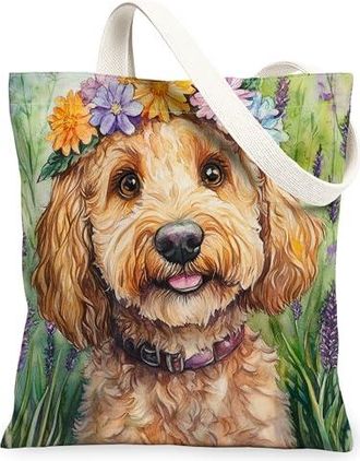 Generic Sac fourre-tout en toile motif chien griffonn&eacute; dor&eacute; printemps 33 x 38,1 cm, sac d&eacute;picerie esth&eacute;tique r&eacute;utilisable pour femme, motif animal de compagni