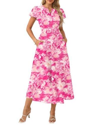 Grace Karin Robe maxi pour femme, manches courtes, lignes A, robe florale, col en V, taille &eacute;lastique, robe d&eacute;t&eacute;, rose rose, XXL
