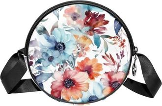 Generic Petit sac &agrave; bandouli&egrave;re circulaire pour femme, motif feuilles florales, sac &agrave; dos avec fermeture &eacute;clair, bretelles r&eacute;glables, sac &agrave; main rond d&eacute;contra