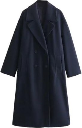 Generic Manteau doux surdimensionn&eacute; en laine m&eacute;lang&eacute;e for femme avec manches longues et poches passepoil&eacute;es(Dark blue,XL)