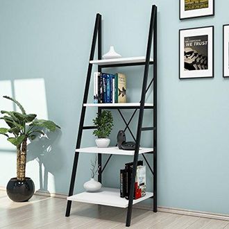 Hanah Home Modern Bookshelf with Metal Frame, White & Black, 50 x 150 x 44 cm | 100% Melamine Coated Particle Board, 18 mm Thick | Wall-Mountable, Stylish Storag