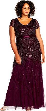 Adrianna Papell Damen Lange pareljurk met V-hals en vleugelmouwen tailleband Kleid, Schwarze Johannisbeere, 40 EU