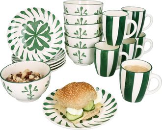 MamboCat Wald gr&uuml;n 18tlg Fr&uuml;hst&uuml;cksset I Je 6x kleine Fr&uuml;hst&uuml;cksteller, M&uuml;slischale & Kaffeebecher f&uuml;r 6 Personen mit Zweigen & Streifen I Weihnachten