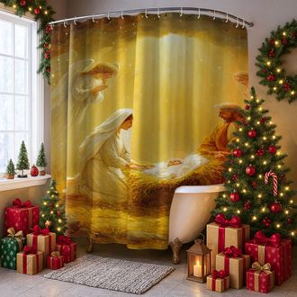 Generic Angels Extra breiter Duschvorhang, Weihnachten, religi&ouml;se Krippe, helles Gold, Polyester, wasserdicht, Toilettenstoff, Duschvorh&auml;nge f&uuml;r Zuhause, Bade