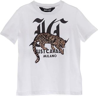 Just Cavalli Femme, Tops, Blanc, Taille: 44 FR T-Shirt Logo Leopardo