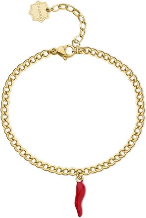 Brosway Damen Armband CHAKRA mit einem Glückshorns und roter Emaille Anhänger aus Edelstahl mit 14K-vergoldeter-PVD-Beschichtung, Länge: 18 cm, BHKB140