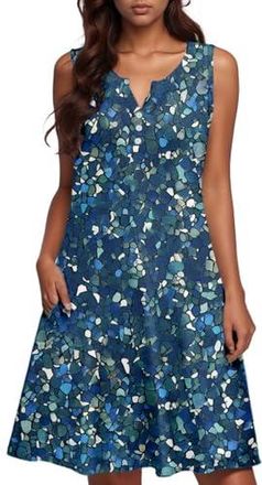 Generic Robe d&eacute;t&eacute; boh&egrave;me mi-longue sans manches avec col en U et longueur genou pour femme, bleu, 3XL