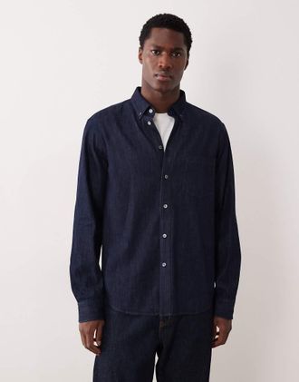 Arket Chemise en denim de chambray avec col boutonn&eacute; - Bleu fonc&eacute; d&eacute;lav&eacute;