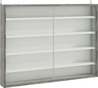 HOMCOM Wandregal mit 5 Ebenen, mit 4 verstellbaren Regalen, Glastüren, Heimbüro, Ornamente, 60 x 80 cm, graue Holzmaserung