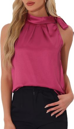 Allegra K Damen &Auml;rmellos Satin Top Elegant R&uuml;schen Stehkragen Bluse Schleife Oberteil Rosenrot M