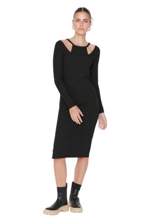 Trendyol Trendyol Damen Collar Detailed Wick midi Knitted Dress Kleid, Schwarz, S