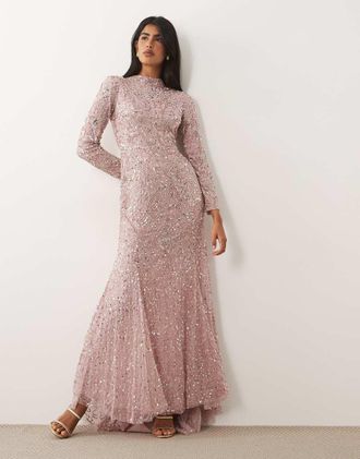 Beauut Robe longue ornement&eacute;e &agrave; manches longues - Rose clair