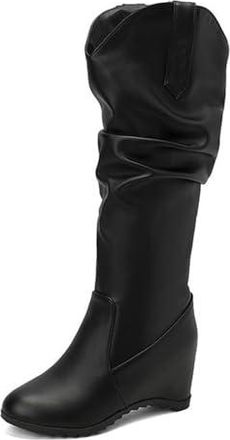 Generic Chaussures dhiver tendance pour femme - Coupe en V - Large mollet - Ruch&eacute; - Talon compens&eacute; cach&eacute; - Bout rond, Noir, 37.5 EU