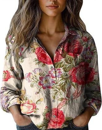 Generico Chemise Femme d&Eacute;t&eacute; Curvy &agrave; Manches Longues Chemisier Coton Et Lin D&eacute;contract&eacute; Respirant Blouse Col en V Doux T Shirt Vintage Fantaisie avec Boutons L&eacute;