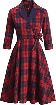 Generic Robe amincissante 2026 pour femme avec revers imprim&eacute; &agrave; carreaux et manches trois-quarts avec noeud papillon lat&eacute;ral, taille, Rouge, S