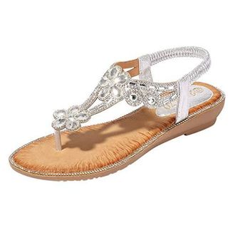 Generic 2026 Boh&ecirc;me Chaussures d&eacute;contract&eacute;es Sandales d&eacute;t&eacute; pour femme Bling Beach Crystal Flat Sandales pour femme, Argent&eacute;., 39.5 EU